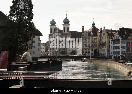 Needle dam in the Reuss River in Lucerne, seen from the Speuerbrücke ...