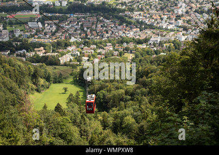 The cable car at Luftseilbahn Adliswil-Felsenegg south of Zurich ...
