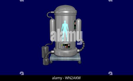 Life support chamber, cryogenic tank with man inside. 3d rendering ...