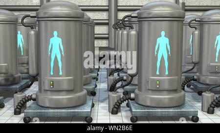 Life support chamber, cryogenic tank with man inside. 3d rendering ...