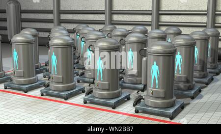 Life support chamber, cryogenic tank with man inside. 3d rendering ...