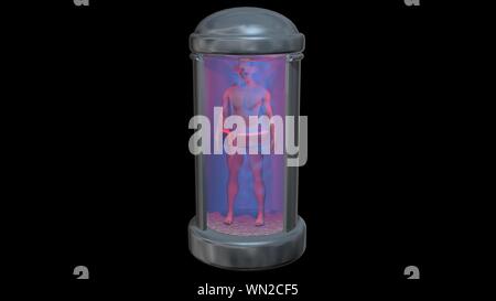 Life support chamber, cryogenic tank with man inside. 3d rendering ...