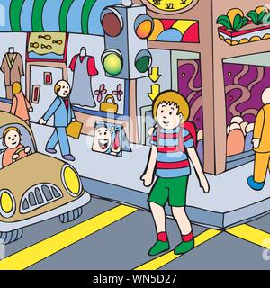 Cartoon boy walking across the crosswalk Stock Vector Image & Art - Alamy