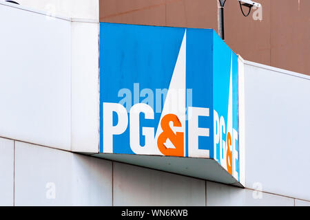 Close-up of logo for Pacific Gas and Electric (PG&E) on utility truck ...
