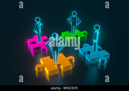 Four 3d man are standing on pieces of the puzzle. Teamwork concept. 3d ...