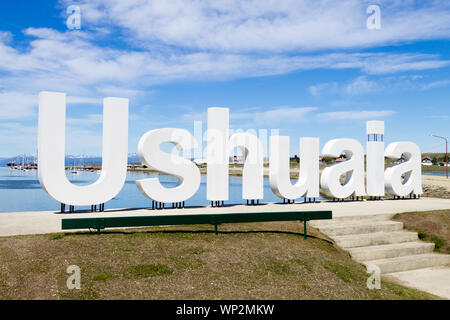 Ushuaia landmark. Ushuaia written in white letters. Southernmost city ...
