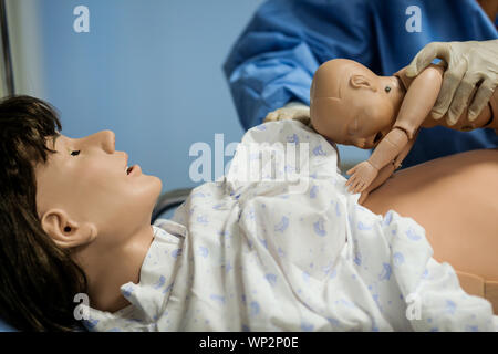 Details with plastic dummies representing a woman and her newly born ...