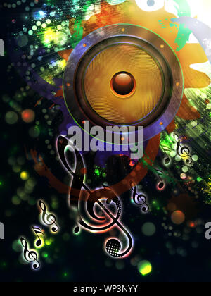 Musical sound loudspeaker grunge paint splatters with floral design ...