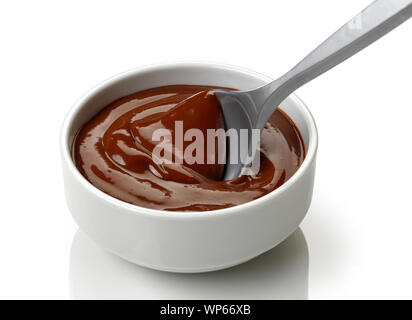 Spoon of delicious chocolate pudding isolated on white background Stock ...