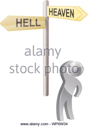Heaven and hell crossroad life choice as a person standing at a fork ...