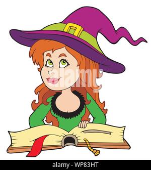 Witch reading a book. Cute cartoon character. Vector illustration Stock ...