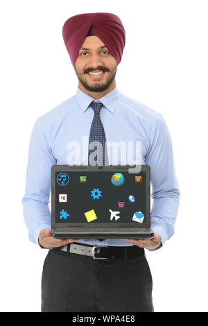 Salesman showing a laptop Stock Photo - Alamy