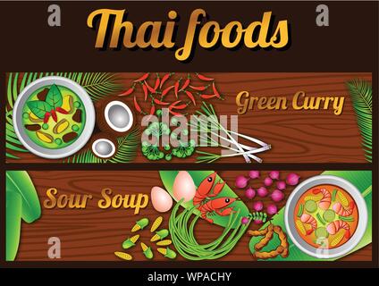 two Thai delicious and famous food banner. curry fried mackerel chu chi ...