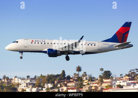 Delta Connection Embraer ERJ-175 above runway threshold. Airplane E175 ...