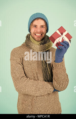 Discover the beauty of winter. Bearded man santa hat. Emotional brutal ...