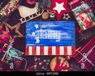 2020 Happy New Year flat lay red christmas tree balls top view forming ...