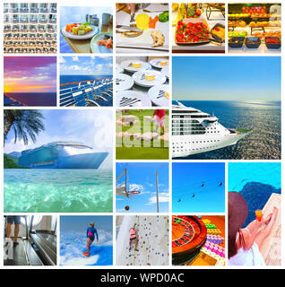 Collage about abstract cruise ship and sport activity. Happy cruise and ...