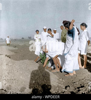Mahatma Gandhi planting a tree at Sevagram Ashram ; 1941; sitting in ...