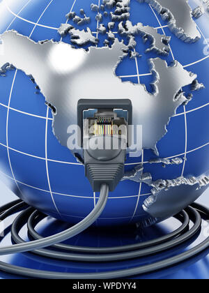 Lan cable with Earth Globe. Global Internet connection concept. 3D ...