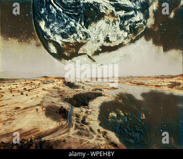 Artwork of a scene on an alien planet, orbiting within a triple star ...