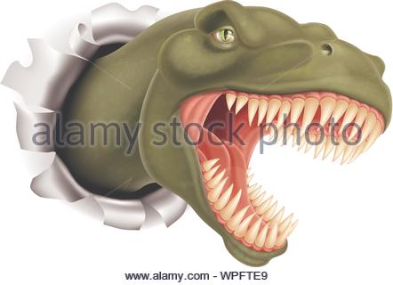 Cartoon T Rex tyrannosaurus dinosaur mascot ripping through the Stock Photo: 137181630 - Alamy