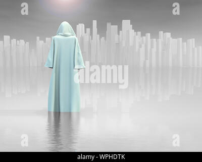 Robed Traveler before the pure city. 3D rendering Stock Photo - Alamy