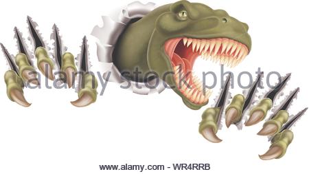 Cartoon T Rex tyrannosaurus dinosaur mascot ripping through the Stock Photo: 137181630 - Alamy