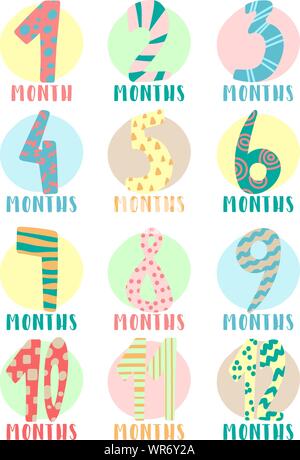Vector image of 12 months for the baby girl. A collection of pink kids ...