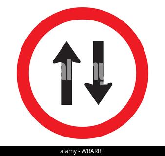 Warning - single/two way traffic sign. Black arrow in red triangle ...