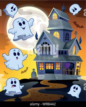 Bats flying around a haunted house on a full moon night . A Halloween ...