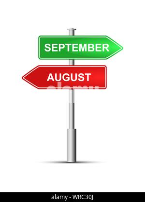 Green and red road sign with the name of the months of the year June ...