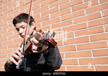 Teenager with violin in rape field Stock Photo - Alamy