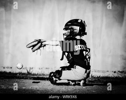 Baseball catcher crouching on baseball field, giving hand signals Stock ...