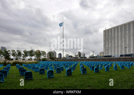 United Nations. 10th Sep, 2019. A backpack is seen as part of a United ...