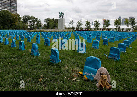 United Nations. 10th Sep, 2019. A backpack is seen as part of a United ...