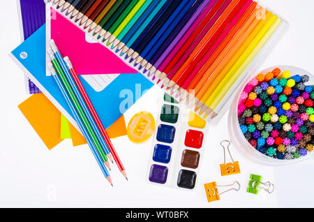 School items and student accessories. Studio Photo Stock Photo - Alamy