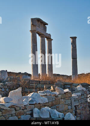 Ancient Stone Ruins with Pillars Against Clear Blue Sky, Delos, Greece ...