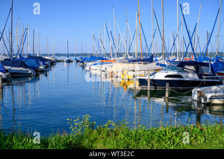 Marina in Bernried, Lake Starnberger See, in morning light Stock Photo ...