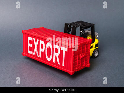 A Forklift Truck Carries A Red Container Labeled Smuggling