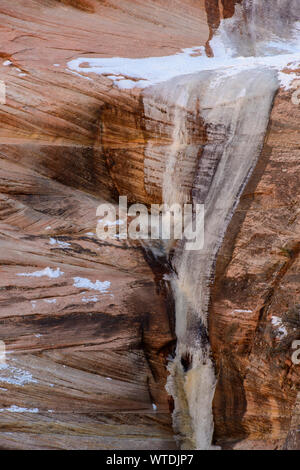 Slickrock and frozen waterfall, Zion National Park, Utah, USA Stock ...