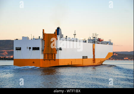 Big industrial Ro-Ro ship is loading. Railway ramp, Varna rail ferry ...