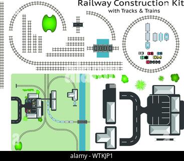 Railway station construction set of locomotive cargo tanks passengers personal car parking and ...