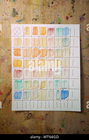 colorful watercolor set for painting on wooden table Stock Photo - Alamy