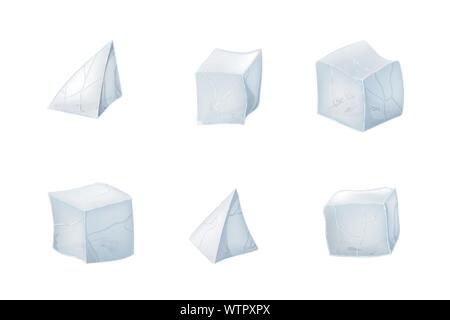 Set of transparency ice cubes and pyramids. Winters snow design. Vector illustration. 3D design ...