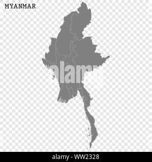 High quality map of Myanmar with borders of the regions on white ...