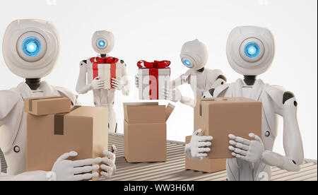 autonomous robot packs presents in boxes 3d-illustration Stock Photo ...