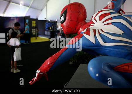 A Spider-Man figure is pictured during the Comic Con Portugal 2019 on ...