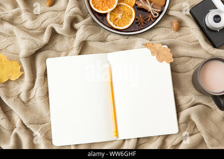 notebook, hot chocolate, camera and autumn leaves Stock Photo - Alamy