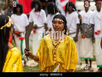 Afar tribe women dancing with a jile knife during expo festival ...