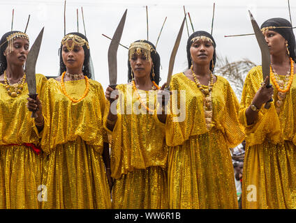 Afar tribe women dancing with a jile knife during expo festival ...